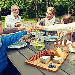 Bamboo Cheese Board Meat Charcuterie Platter Serving Tray W/ 4 Tableware Stainless Steel Knife, Home Kitchen Food Server Plate Cutter Cutlery Tool, Entertain Family Friend Guest as a Gift (14''x11'')