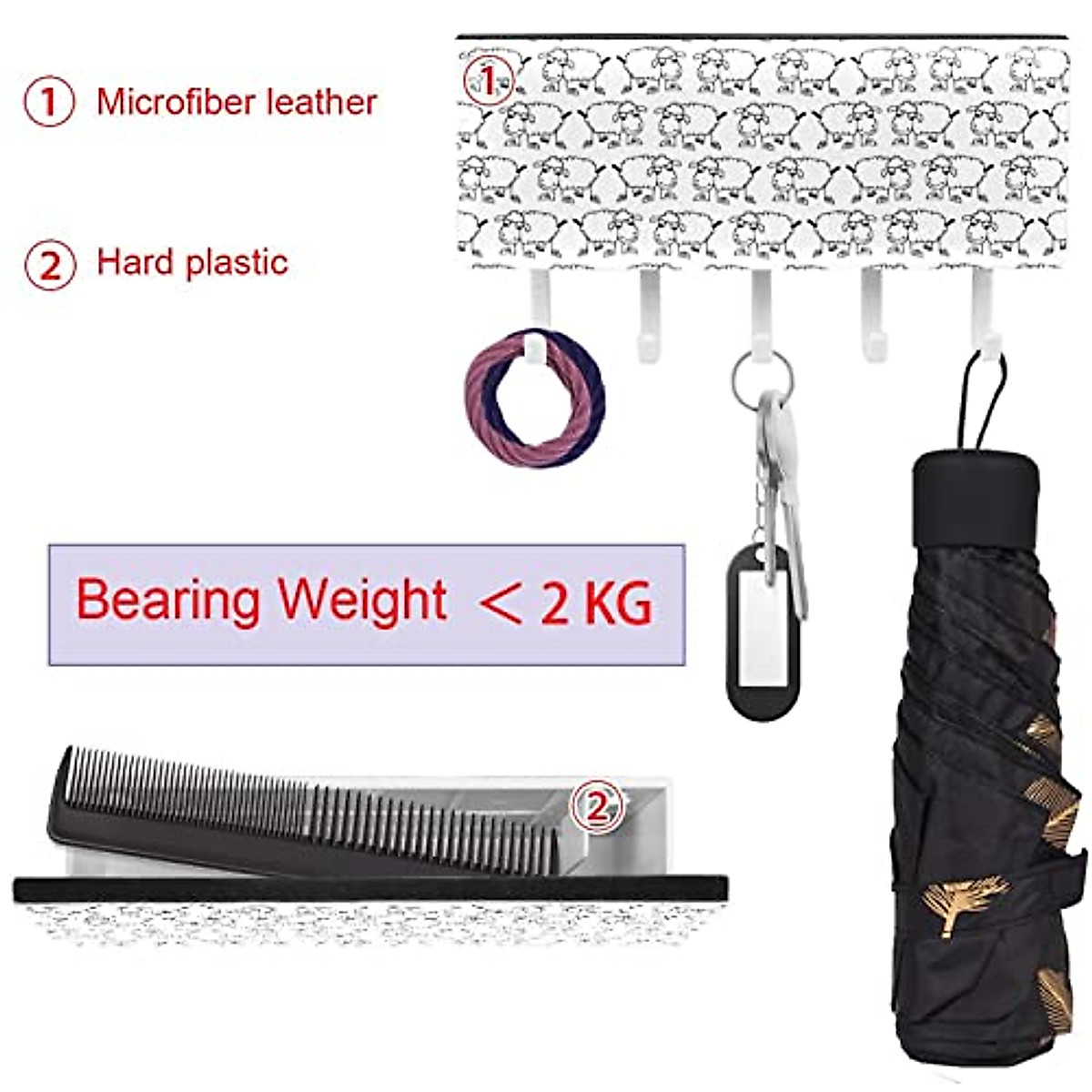 Cute Simpe Black White Sheep Pattern Rack Organizer with 5 Hooks Wall Bathroom Kitchen Shelf Rack Multifunctional Storage Shelf