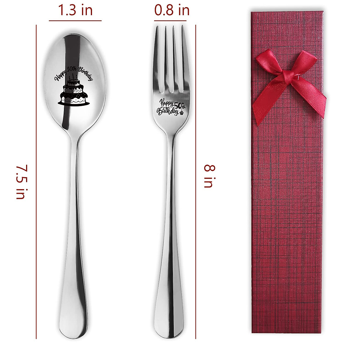 2 Pieces Happy 50th Birthday Stainless Engraved Spoon Fork Set, 50 Years Old Long Handle Dinner Spoop Fork Set Gift for Dad Mom Uncle Aunt Sister Brother Birthday Christmas