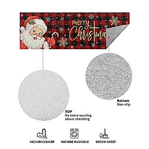 Floor Mat Kitchen Rug Santa Claus Merry Christmas Winter Snow Washable Doormat Non Slip Bathroom Rugs,Red Black Buffalo Plaid Absorbent Carpet for Bedroom Laundry Living Room Sink 18x60in