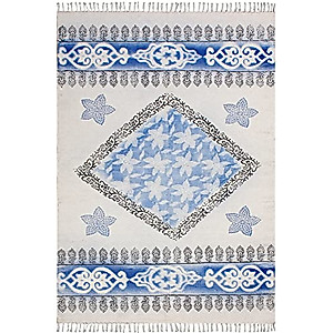 Casavani Hand Block Printed Cotton Dhurrie Geometric Blue & Beige Tassel Rug Easy Care Washable Rugs for Doormat Entryway Living Room Bedroom Hallway Balcony 4x8 Feet