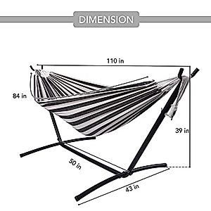 Prime Garden Cotton Rope Hammock with Space Saving Steel Hammock Stand, 2 Person Double Freestanding Hammock with Carry Bag for Outdoor Patio Yard Backyard 450 lb Capacity (Black Stripe)
