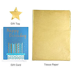 MAYPLUSS 16" Birthday Large Gift Bag with Greeting Card and Tissue Paper for Birhtday - Blue Gold Foil Candle Design