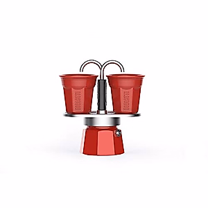 Bialetti - Mini Express Color: Moka Set includes Coffee Maker 2-Cup (2.8 Oz) + 2 shot glasses, Red, Aluminium