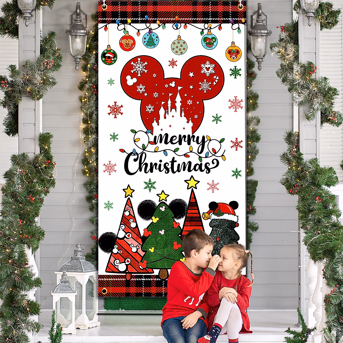 Mouse Christmas Door Cover Decoration,Merry Christmas Door Hanging Backdrop for 2023 Cartoon Mouse Theme Xmas Winter Holiday Supplies
