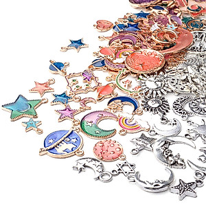 120pcs Celestial Charms Pendants, Mixed Antique Silver Sun Stars Moon Charm Pendant,Enamel Moon Star Cat Charms Pendants for DIY Earrings Necklace Jewelry Making Crafts