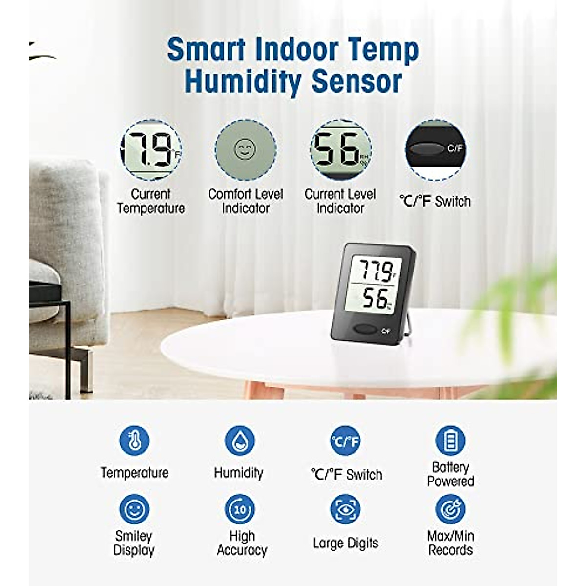Indoor Hygrometer Thermometer, Room Thermometer with Large LCD Display, Temperature Humidity Sensor with Comfort Indicator, Humidity Monitor for Home Office