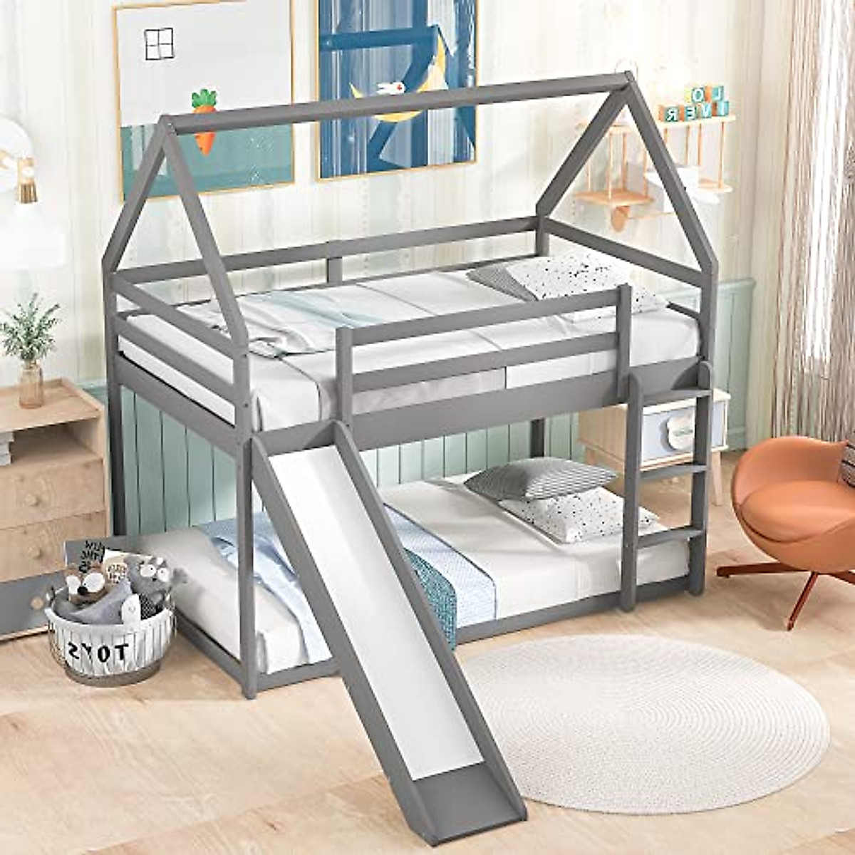 Twin Size Bunk House Bed with Convertible Slide and Ladder,Twin Over Twin Wooden Bed Frame with Guardrails for Kids Teens Girls Boys,Gray