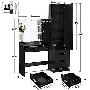 usikey 47.2" Large Vanity Desk with 10 Lights Bulbs & Full-Length Mirror, 70.9" High, Makeup Vanity with Lights and 5 Drawers, Vanity Table Set with Mirror Cabinet and 8 Storage Shelves, Black