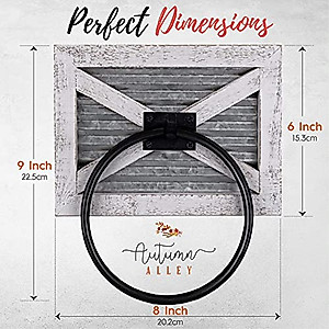 Autumn Alley Barn Door White Bathroom Farmhouse Towel Ring – Wall Mounted Rustic Hand Towel Holder – Mix of Wood and Galvanized Metal & Black Ring for Country Decor – Farmhouse Bathroom Decor