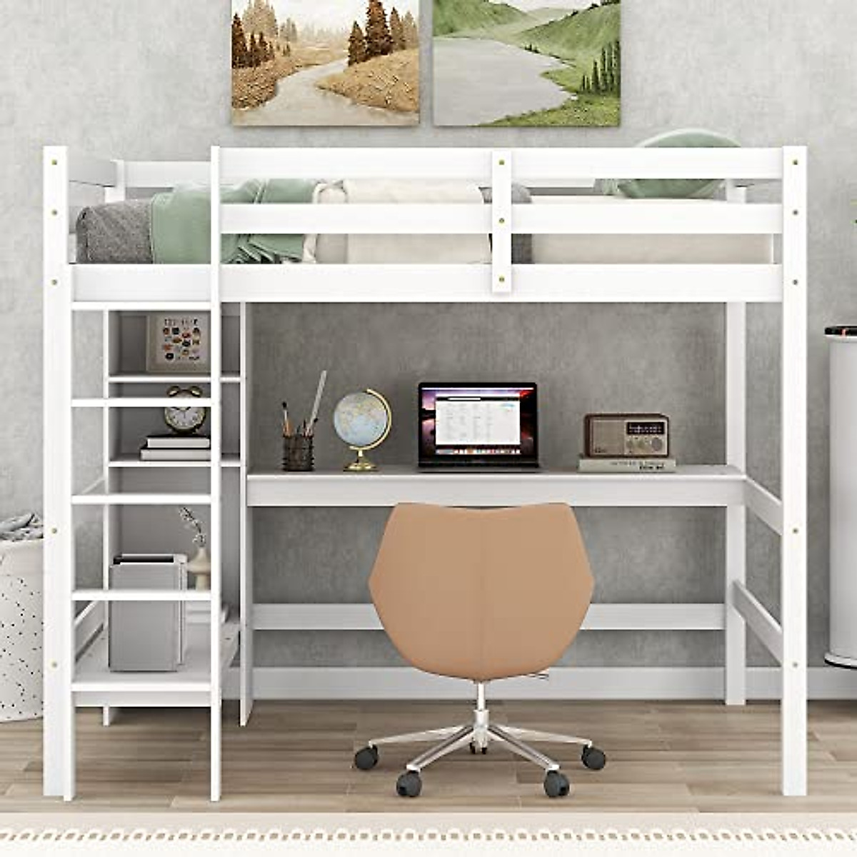 Full Loft Bed with Desk and Storage Shelves, Wood Loft Beds Frame with Bookcase, Modern High Loft for Kids Boys Girls Teens, Full Size, White