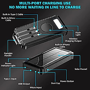 MauveStone Solar Power Bank - Portable Charger with LED Flashlight - Wireless Charging Enabled, with Built-In USB-C, Micro-USB & Cable Compatible with Apple & Android Phones - Waterproof