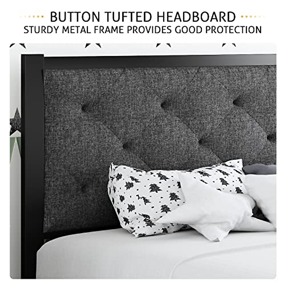 SHA CERLIN Twin Size Metal Platform Bed Frame with Fabric Upholstered Button Tufted Headboard, Mattress Foundation with 17 Strong Metal Slats Support, No Box Spring Needed, Easy Assembly, Dark Grey
