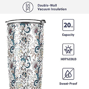Retro Flower White Stainless Tumbler Insulated Coffee Cups with Lid and Straw Travel Mug for Hot and Cold Drinks 20oz