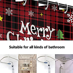 4 Pcs Christmas Red Buffalo Plaid Shower Curtain Set with Rugs, Toilet Lid Cover Bath Mat ,Christmas Shower Curtain with 12 Hooks,65 x 70 Inches Waterproof Christmas Shower Curtain for Bathroom Set