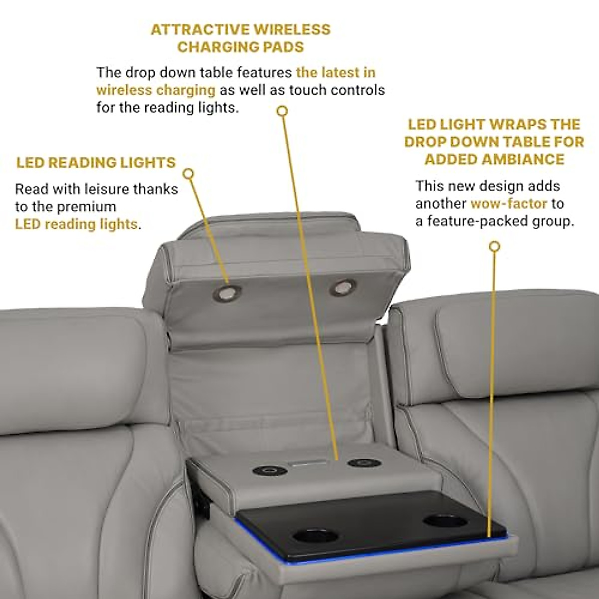 Armen Living Octavia Modern Zero Gravity Power Reclining Heated Massage Sofa, 86" Wide, Silver and Gray Top Grain Leather