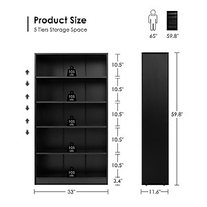 Farini Black Bookshelf for Bedroom 5 Shelf Office Bookcase 60 Inches Tall Modern Wood Bookshelf for Living Room 5 Tier Wide Manga Bookshelf Library Bookcase