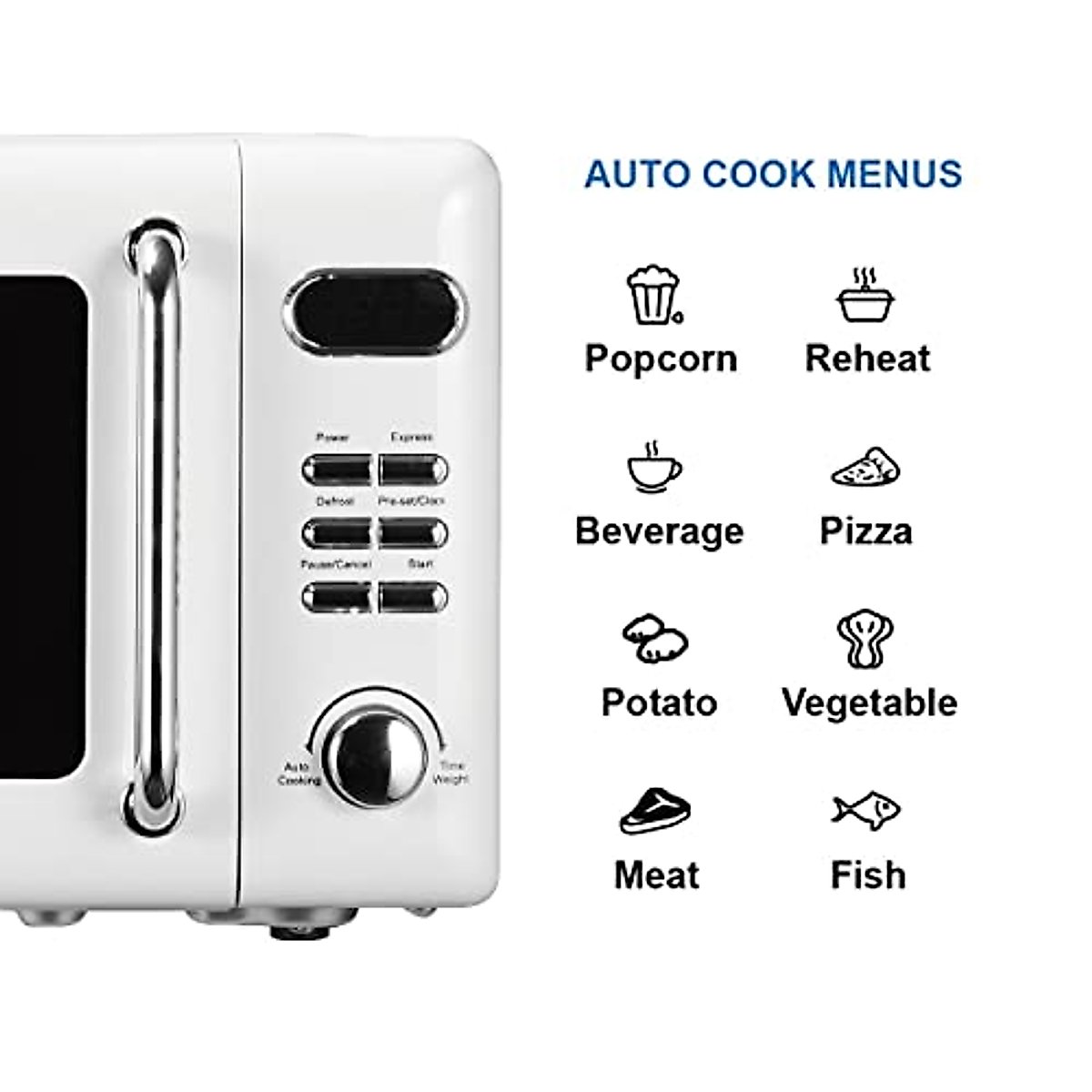 Emerson MWR7020W-N Retro Digital Microwave Oven with Timer & LED Display 700W with 5 Micro Power Levels, 8 Pre-Programmed Settings, Express & Defrost, with Child Safe Lock, 0.7 Cu. Ft, White