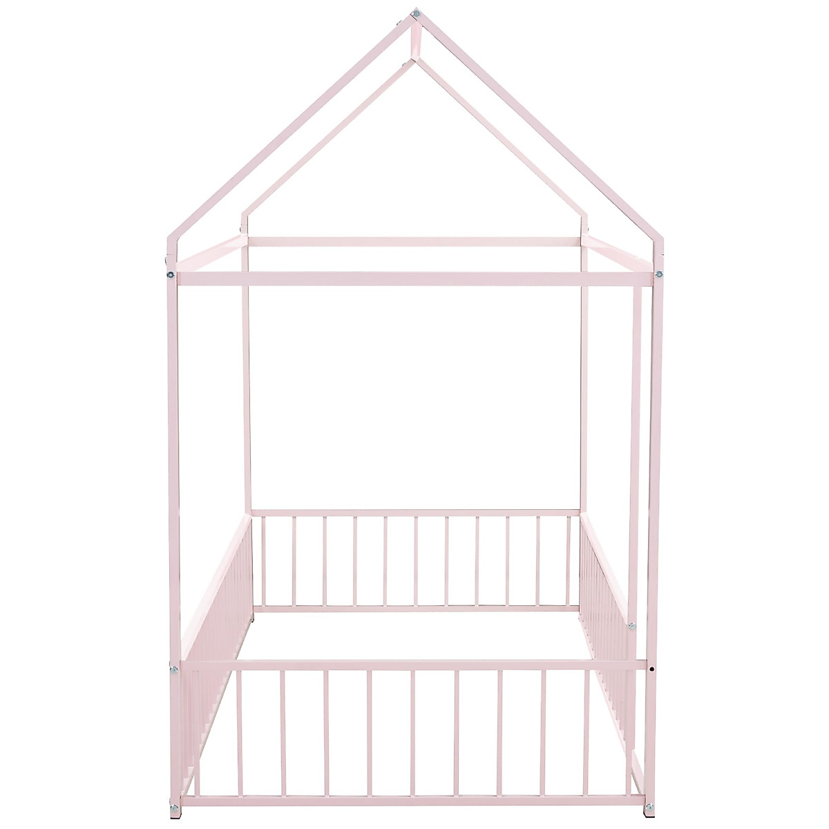 Aiuyesuo Playhouse Design Twin Size House Bed with Fence, Metal Montessori Floor Bed Frame with Roof for Toddler, Kids, Teens, Girls, Boys, No Box Spring Needed (Pink-T9)