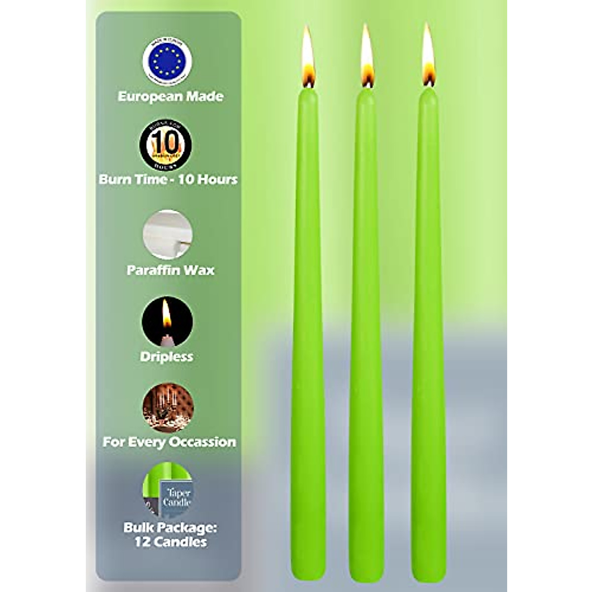 12 Pack Tall Taper Candles - 12 Inch Lime Dripless, Unscented Dinner Candle - Paraffin Wax with Cotton Wicks - 10 Hour Burn Time
