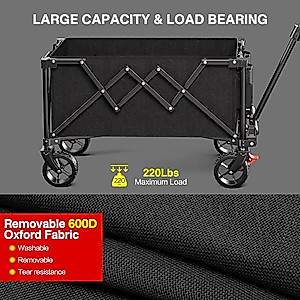 Ribitek Collapsible Folding Wagon,Heavy Duty Foldable Utility Garden Cart with Big All-Terrain Beach Wheels, Cup Holders & Side Pockets,for Camping, Garden, Sports, Shopping, Black