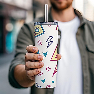 80's Eighties Theme Style Skinny Tumbler 20oz with Straw Insulated Water Bottle Gift