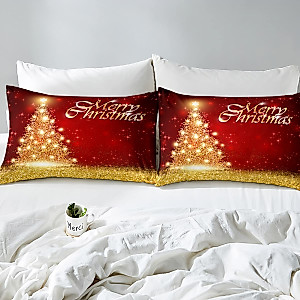 Manfei Christmas Tree Duvet Cover Set Queen Size Gold Sparkle Comforter Cover Merry Christmas Bedding Set 3pcs for Kids Boys Girls Room Decor Western New Year Theme Bedspread Cover with 2 Pillowcases