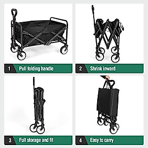 Collapsible Folding Wagon, Heavy Duty Utility Beach Wagon Cart with Side Pocket, Large Capacity Foldable Grocery Wagon for Garden Sports Outdoor Use