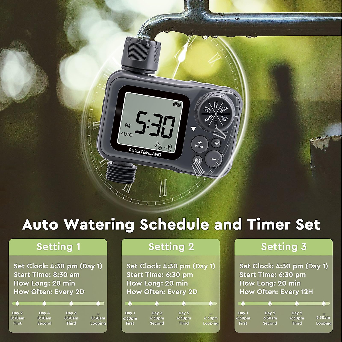 Moistenland Sprinkler Timer, Water Timer for Garden Hose, Water Hose Timer Outdoor, with Rain Delay/Manual/Automatic Watering System, IP54 Waterproof, 2.6 Inches Large Screen(1 Outlet)