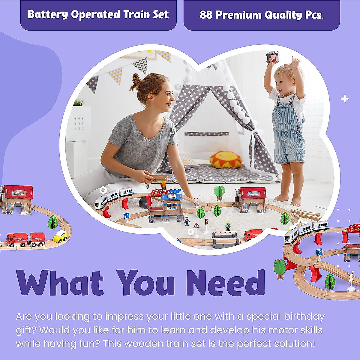 Battery Operated Train Set – Wooden Toys for Kids and Toddlers – Train Sets for Boys 2-4 – Premium Quality Wood Fits Thomas Brio – Fun & Entertaining – Train Tracks for Kids