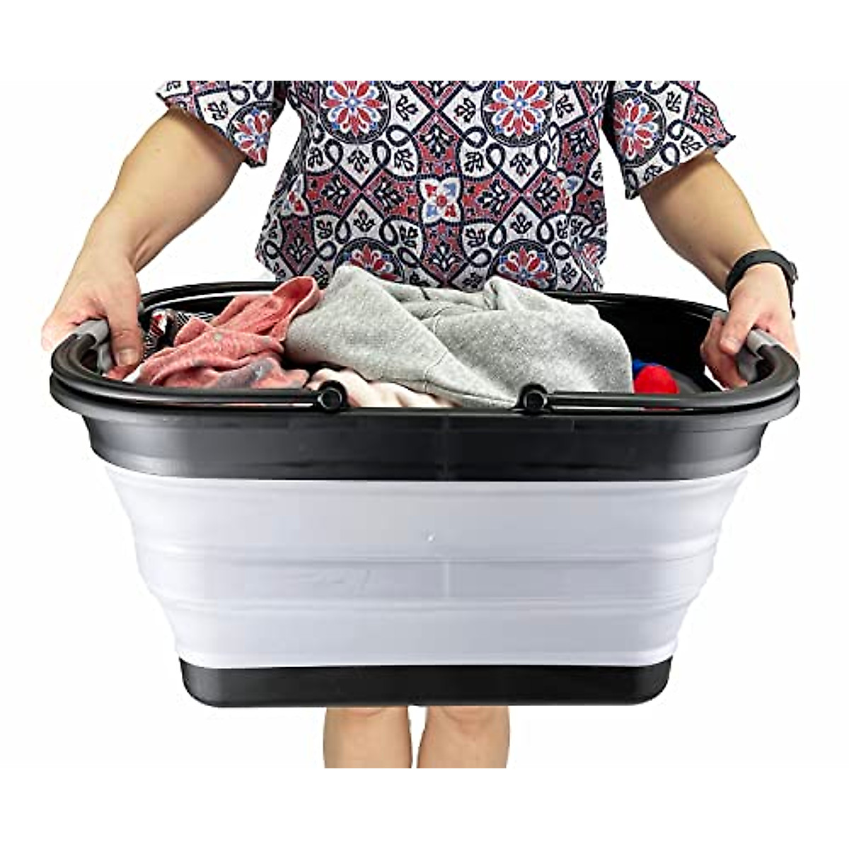 SAMMART 29L (7.6 Gallons) Set of 2 Collapsible Tub with Handle - Portable Outdoor Picnic Basket/Crater - Foldable Shopping Bag - Space Saving Storage Container (Alloy Grey + Crystal Blue)