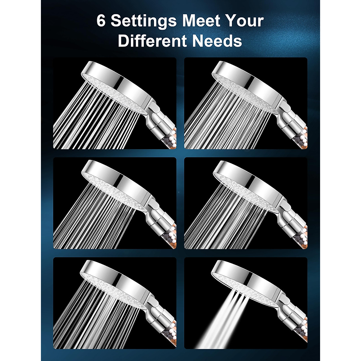 ODMJ Filtered Shower Head, High Pressure Shower Head with 6 Settings, Handheld Shower Head with 59" Hose and Bracket, Shower Head Filter for Hard Water, Water Saving Spray Soft Spa Shower Head