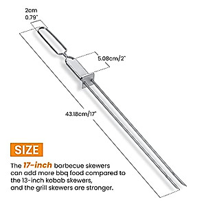 6 Pack Kabob Skewer for Grilling- 17" Long Metal Stainless Steel BBQ Skewer Stick with Push Bar, Reusable Double Pronged Kebab Skewer Tool Quick Release Meat, Chicken, Vegetable and Fruit