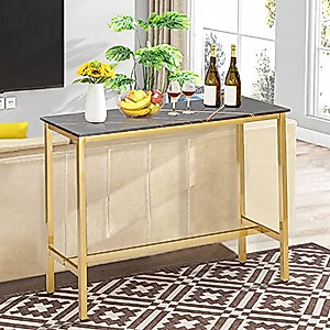 Awonde Modern Rectangle Bar Table Gold Black Faux Marble Bar Height Table 41" Tall Pub Table for Living Room Dining Room Entryway Sofa Console Table with Wood Top Metal Frame