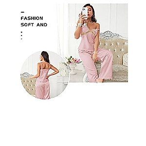 LYANER Women's Satin Silk Pajamas Set V Neck lace Trim Cami Top and Pants Sleepwear Pjs Set Pink Medium