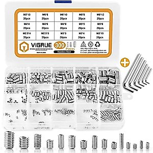 VIGRUE 300Pcs Set Screw Assorted M2.5/M3/M4/M5/M6/M8 Hex Allen Head Socket Grub Screw Assortment Kit with Internal Hex Drive, 304 Stainless Steel (Metric)