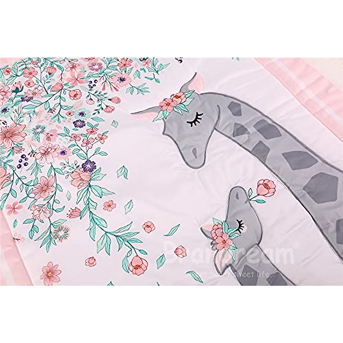 Brandream Nursery Bedding Jungle Animal Crib Bedding Giraffe Family Baby Comforter Set, 6 Piece Farmhouse Floral Girls Boys Cradel Bedding, Grey Pink White