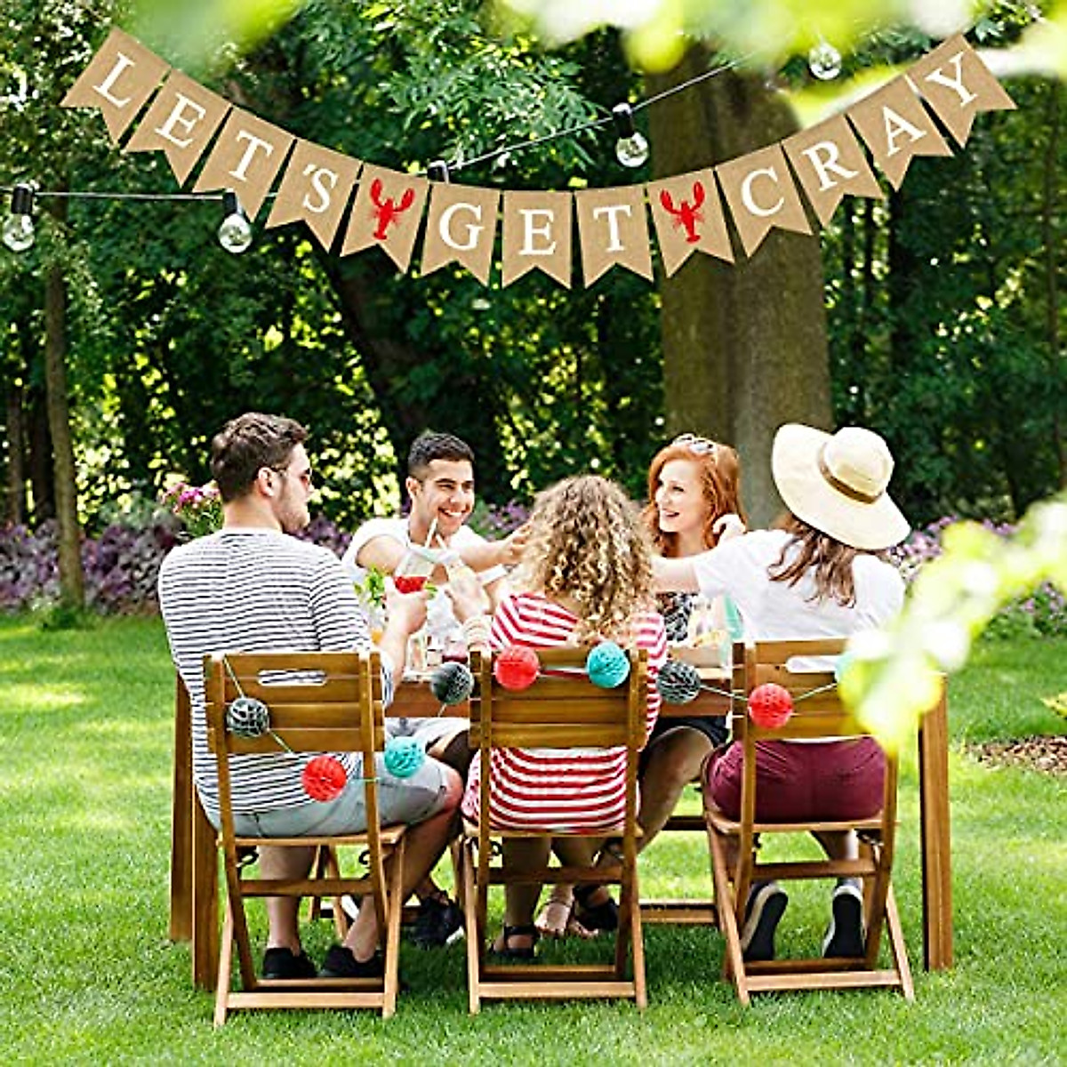 Pudodo Jute Burlap Crawfish Let's Get Cray Banner Rustic Summer Lobster Party Decoration