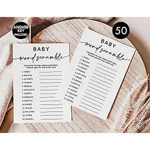 All Ewired Up 50 Baby Shower Word Scramble Game (50-Cards) Fun Baby Shower Game Activity, Gender Neutral Boy or Girl, Minimalist