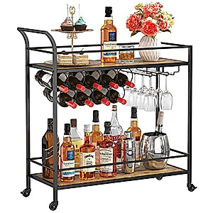 Lifewit Bar Cart, Home Bar Serving Cart, 2 Tier Drink Cart with 9 Wine Bottle Racks, Liquor Beverage Cart for Kitchen Dining Living Room Outdoor, 31.5" x 13" x 34.6", Black