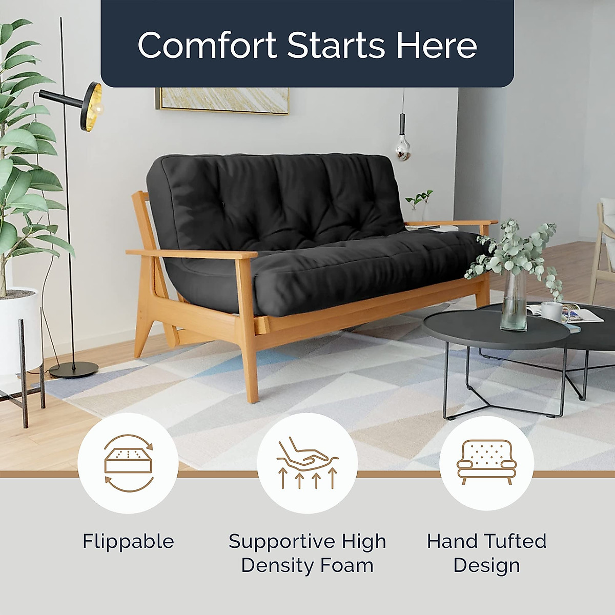 Loosh Full Size Sofa Bed Foam Canvas Futon Mattress - 12" USA Made, Black, Frame Not Included