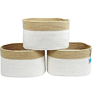 Casaphoria Cotton Rope Storage Baskets Bin Set of 3 Storage Cube Organizer Foldable Decorative Woven Basket for Clothes, Makeup, Books, Nursery, 15"x 10"x 9",pack of 3, White and Brown