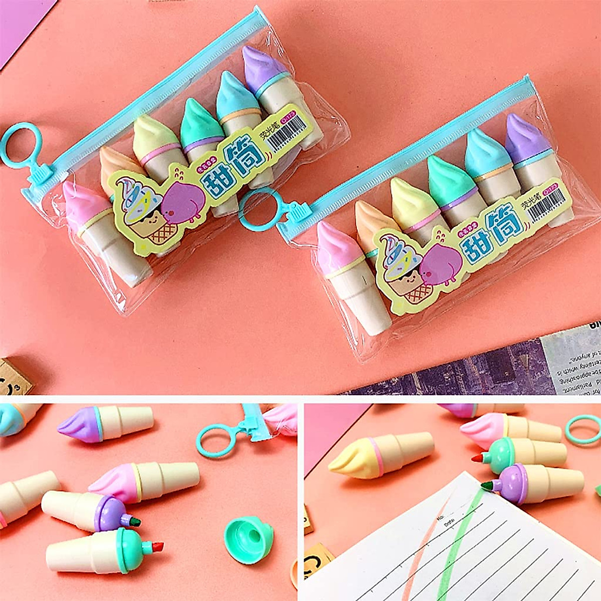 6pcs Cute Mini Highlighter Pen Ice Cream Shape Fluorescent Marker Pens Fluorescent Marker Pen