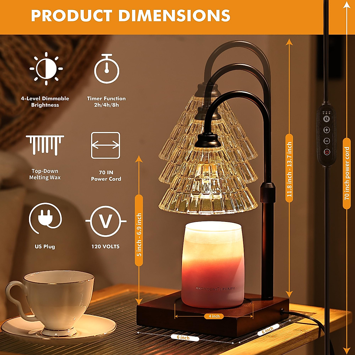 SerenGlow Candle Warmer Lamp with 2 * 50W Bulbs, Electric Candle Lamp with 2H/4H/8H Timer, Dimmable Candle Warming Lamp with Oak Base, Height Adjustable Wax Warmer Lamp for Jar Candles (Black-A)