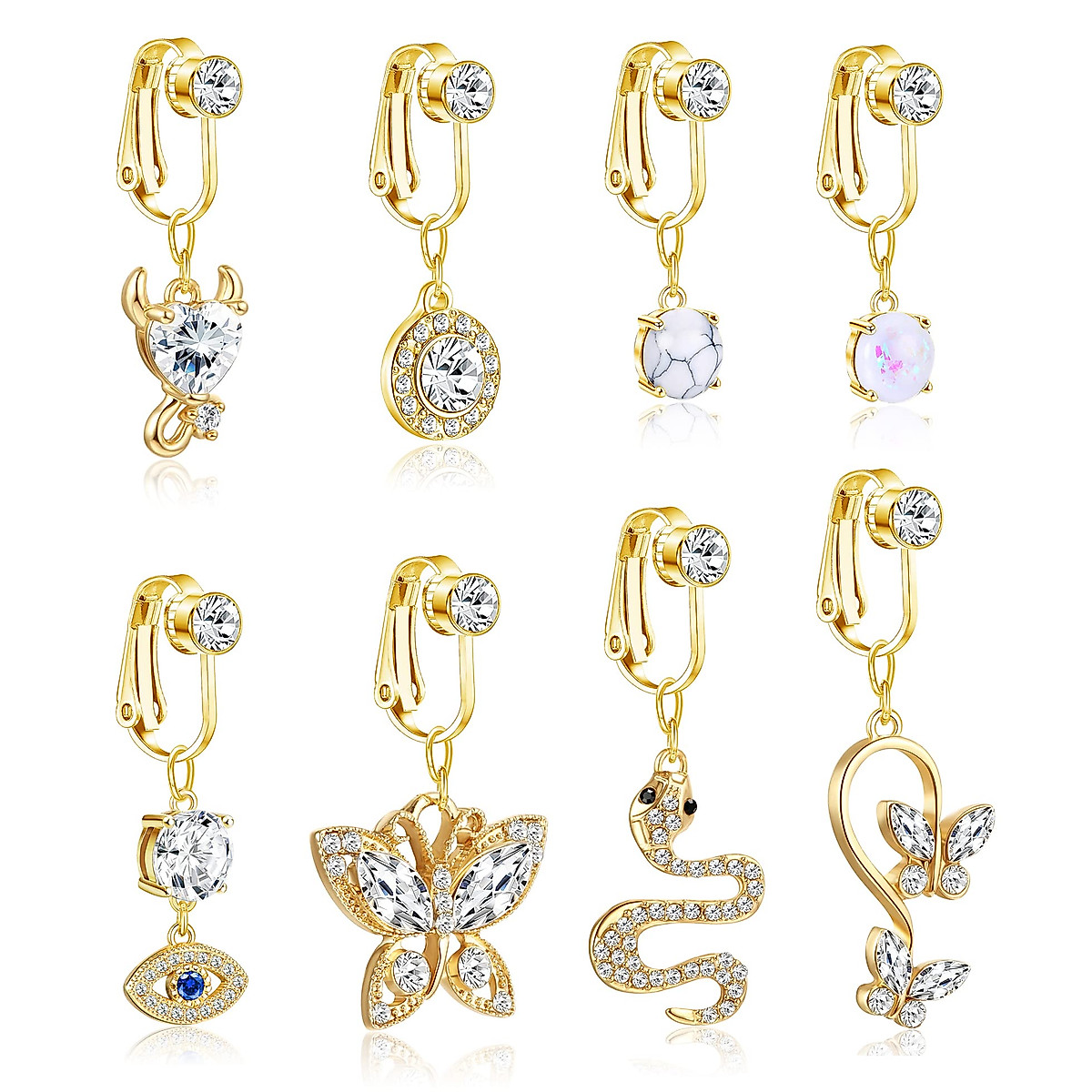 FIBO STEEL 8Pcs Fake Belly Rings Clip on Belly Button Rings Surgical Steel Opal CZ Non Piercing Dangle Navel Rings Fake Belly Piercing Jewelry gold