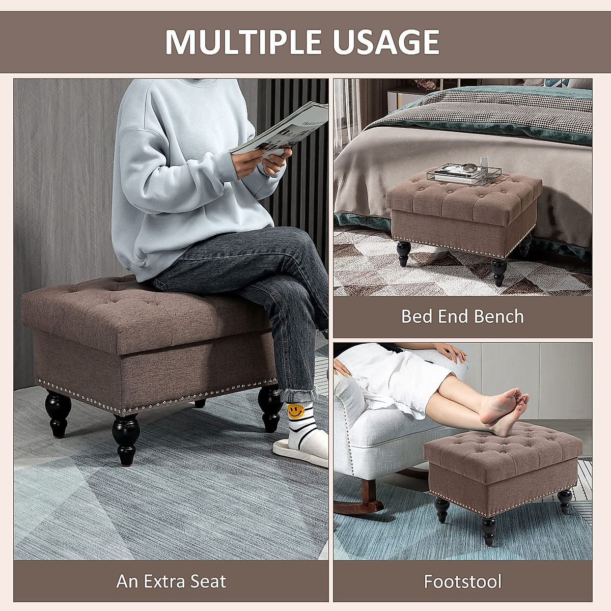 HOMCOM Ottoman with Storage for Living Room, 25" Storage Ottoman with Removable Lid, Button-Tufted Fabric Bench for Footrest and Seat with Wood Legs, Blue