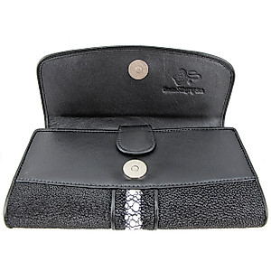 PELGIO Genuine Row Diamond Stingray Skin Leather Women's Trifold Clutch Wallet Black