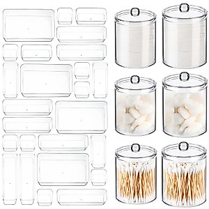 Teenyyou 30 Pcs Clear Plastic Drawer Organizer Set Include 10oz 12oz Cotton Swab Ball Holder 24 Pcs Stackable Desk Drawer Organizer Trays for Makeup