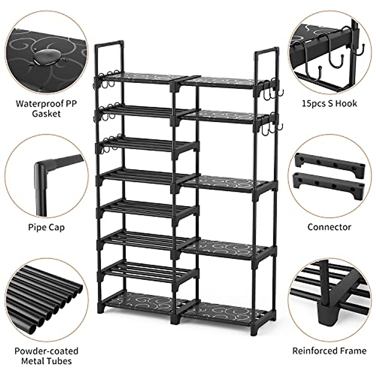 ROJASOP Shoe Rack Organizer, 8-Tier Metal Shoe Rack for Closet Entryway Garage, 26-32 Pairs Tall Shoe Boot Storage Shelf with 15 Hooks, Stackable Large Shoe Stand