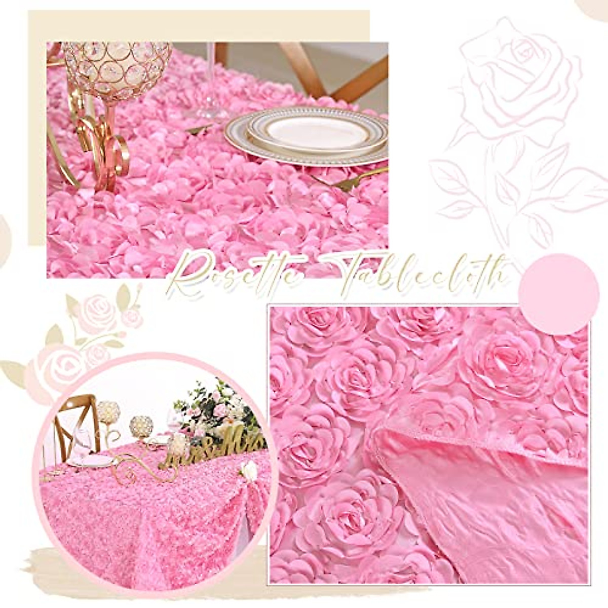 Baby Shower Tablecloth 50x102 Inches Pink Tablecloth Rectangle Satin Overlay Rosette Tablecloth 3D Floral Tablecloth for Wedding Party Event